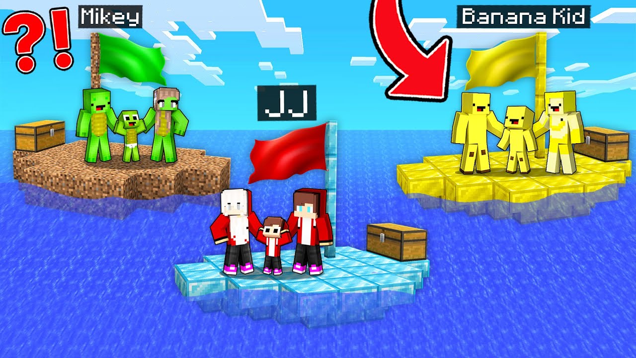 JJ Family vs Mikey Family vs Banana Kid Family RAFT SURVIVAL in Minecraft! - Parody Story(Maizen ...