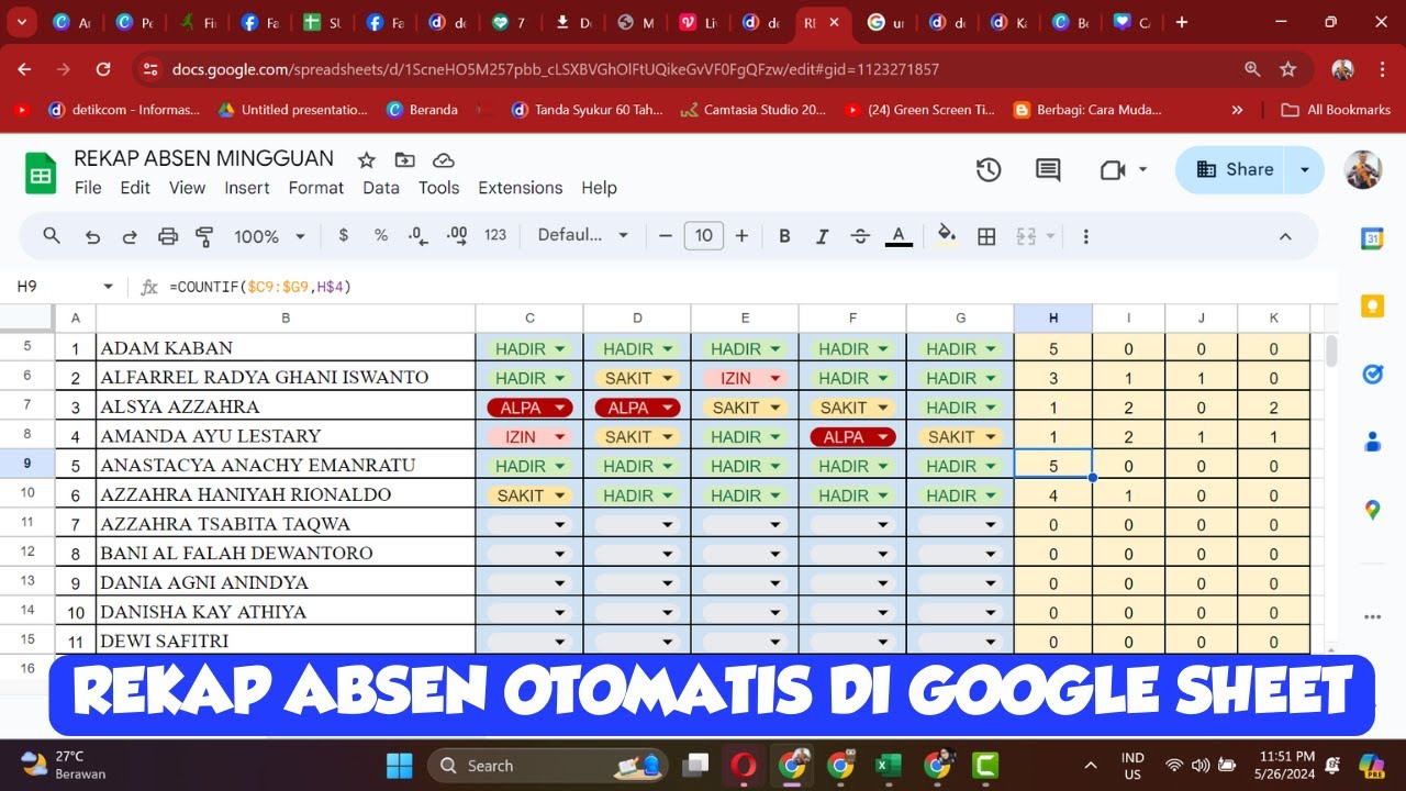 CARA MEMBUAT REKAP ABSEN OTOMATIS DI GOOGLE SHEET - YouTube