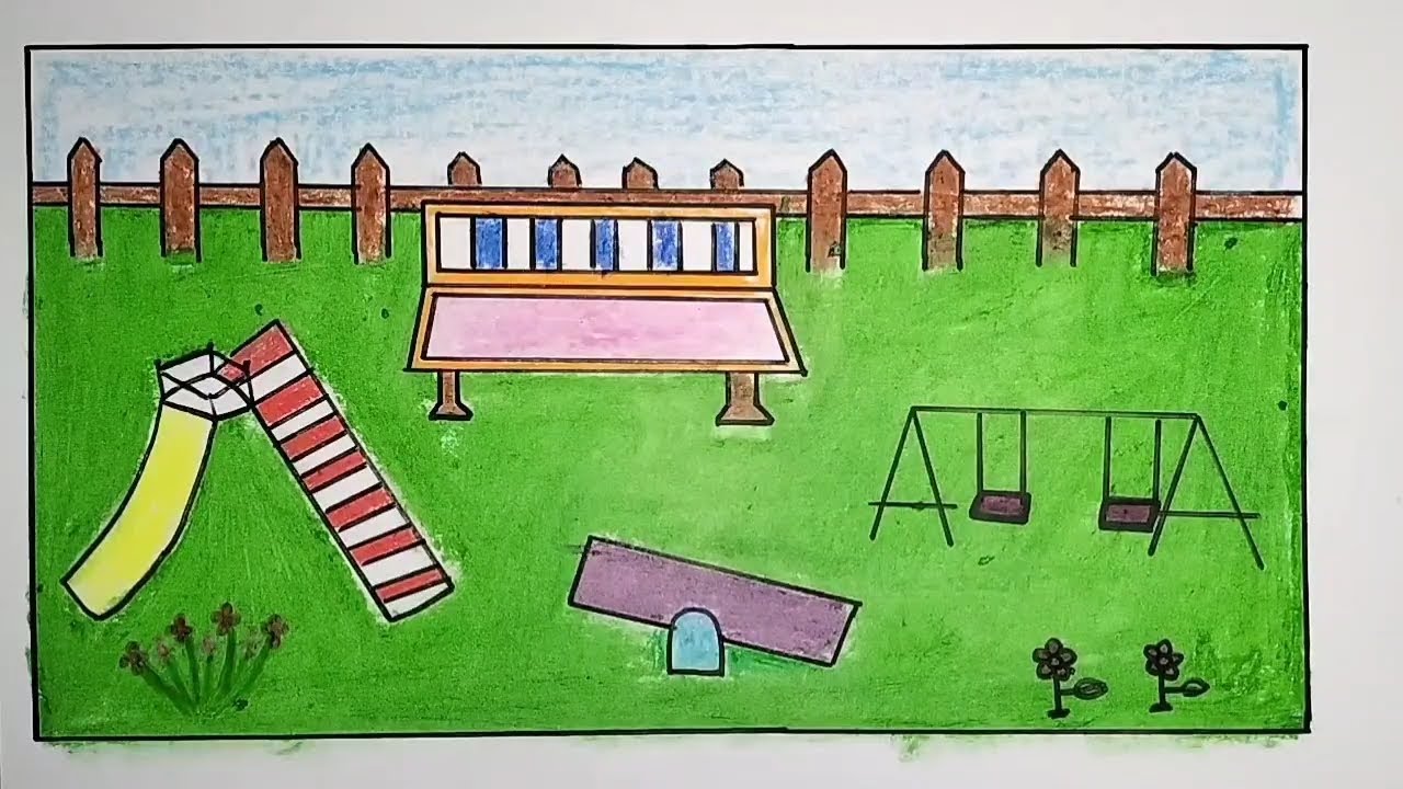 How to draw Garden Scenery Step by Step II Children's Park Scenery ...