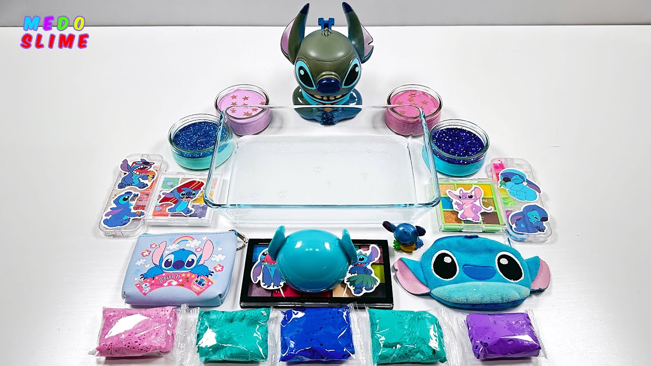 Stitch Slime | Blue and pink slime | Mixing Make-up and Random Cute ...