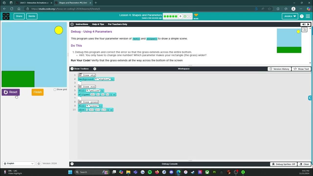 Code.org - CS Discoveries - Unit 3: Interactive Animations & Games: Lesson 4: Level 6 - YouTube