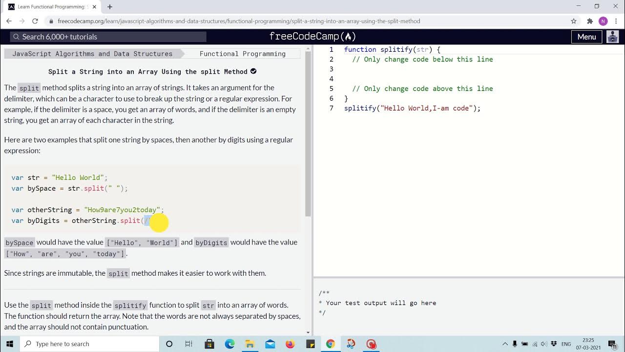 Tutorial 19 - split a string into an array - freecodecamp - YouTube