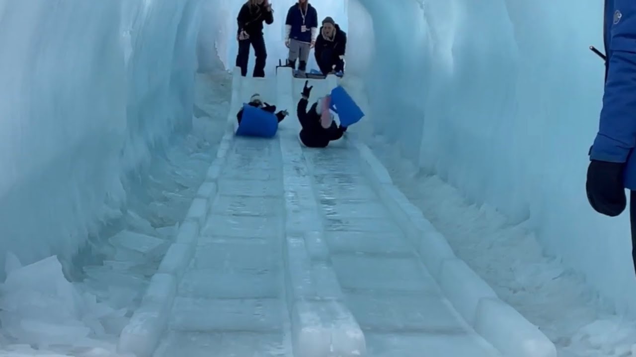 Wach this funny moment wen they slide in this spectacular ice slide ice ...