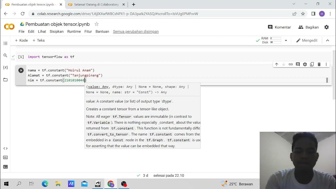 Pengenalan Tensorflow : Membuat objek tensor - YouTube