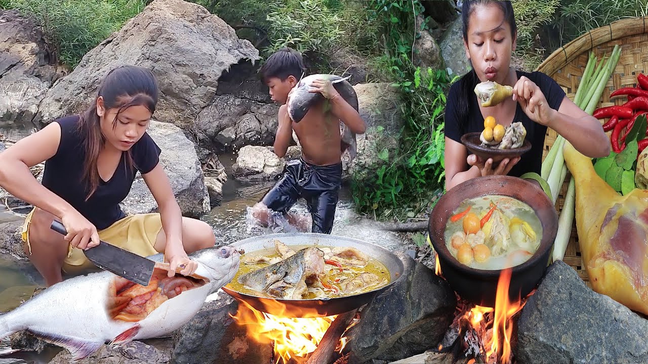 5 kg of fish soup eat 2 siblings on the river - Cooking chicken thighs ...