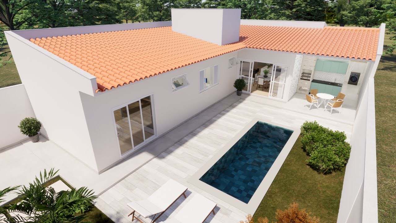 Casa em L Pequena e Aconchegante | Projeto com 3 Quartos e Linda Área ...