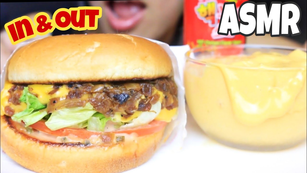 ASMR IN AND OUT CHEESE BURGER + NUCLEAR FIRE SAUCE EATING SOUNDS SPICY ...