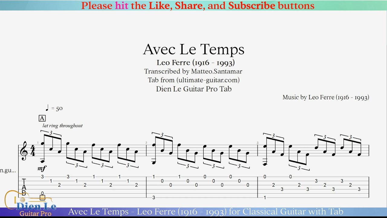 Avec Le Temps - Leo Ferre (1916 - 1993) for Classical Guitar with Tab ...