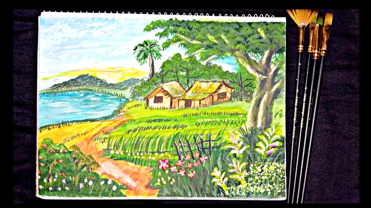 How to draw Countryside Drawing Easy Tutorial/গ্রামের দৃশ্য/জলরং ...