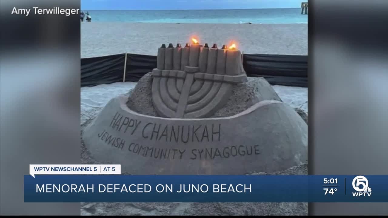 Sand-sculpted menorah defaced on Juno Beach - YouTube