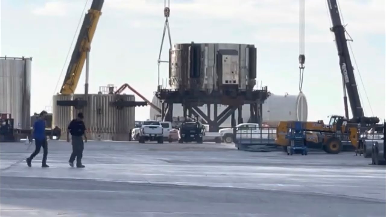 Methane Tank Lifted, 7pm July 28, 2022. SpaceX Build Site Starbase Boca ...