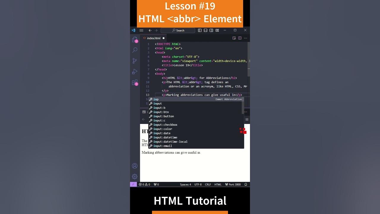 HTML Tutorial - Lesson 19: HTML abbr element #html #html5tutorial #html5 #html5course - YouTube