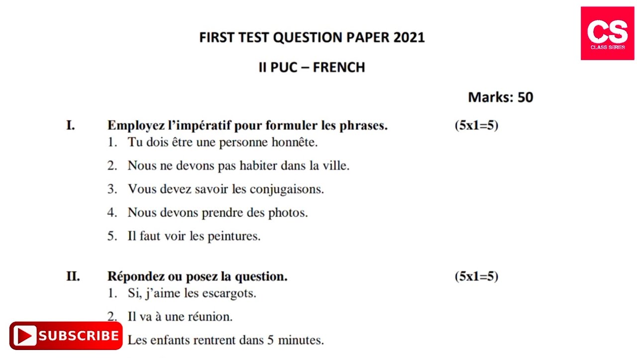 2nd PUC French First Test 2021-22 Examination Question Paper-Class ...