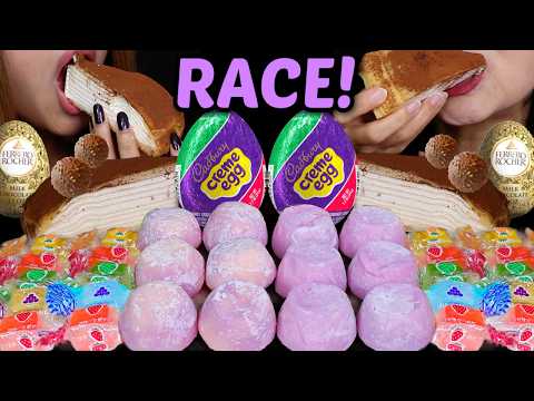 ASMR RACE CREPE CAKE, MOCHI ICE CREAM, CADBURY CREME FERRERO ROCHER  EGGS, RAINBOW JEWEL JELLY 먹방
