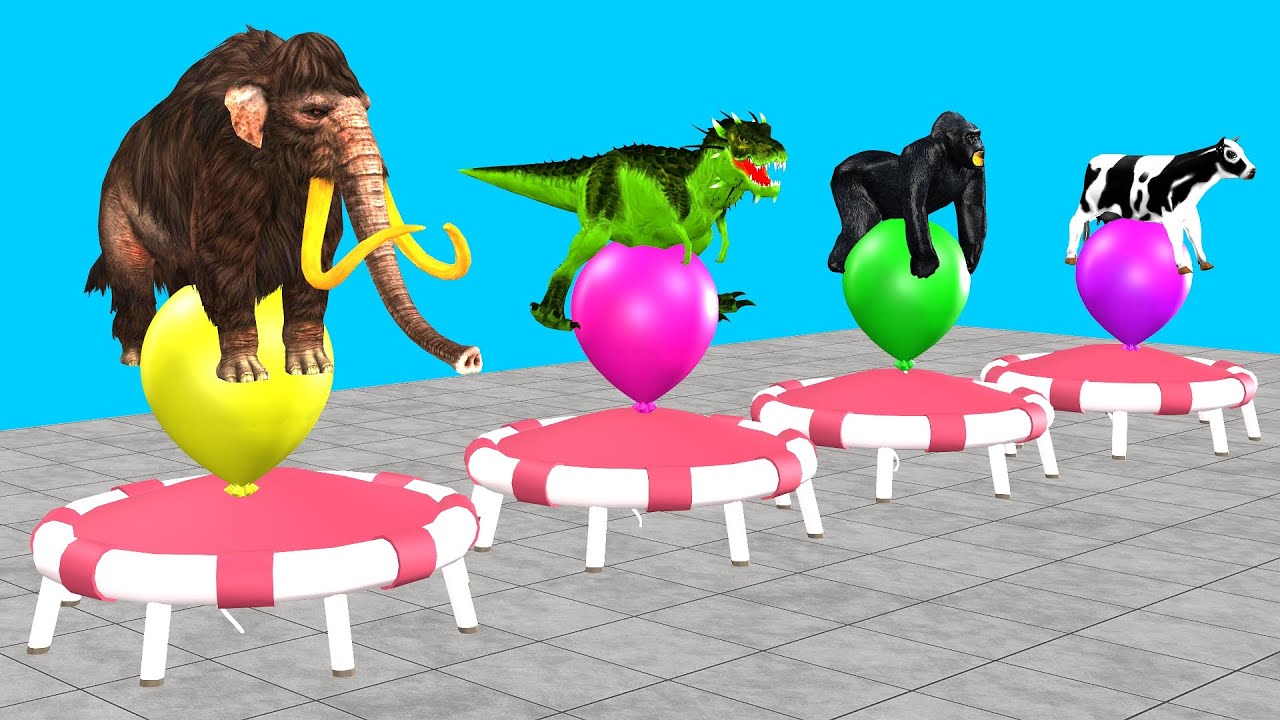 Trampoline Jumping with Funny Cartoon Animals Mammoth Elephant Gorilla ...