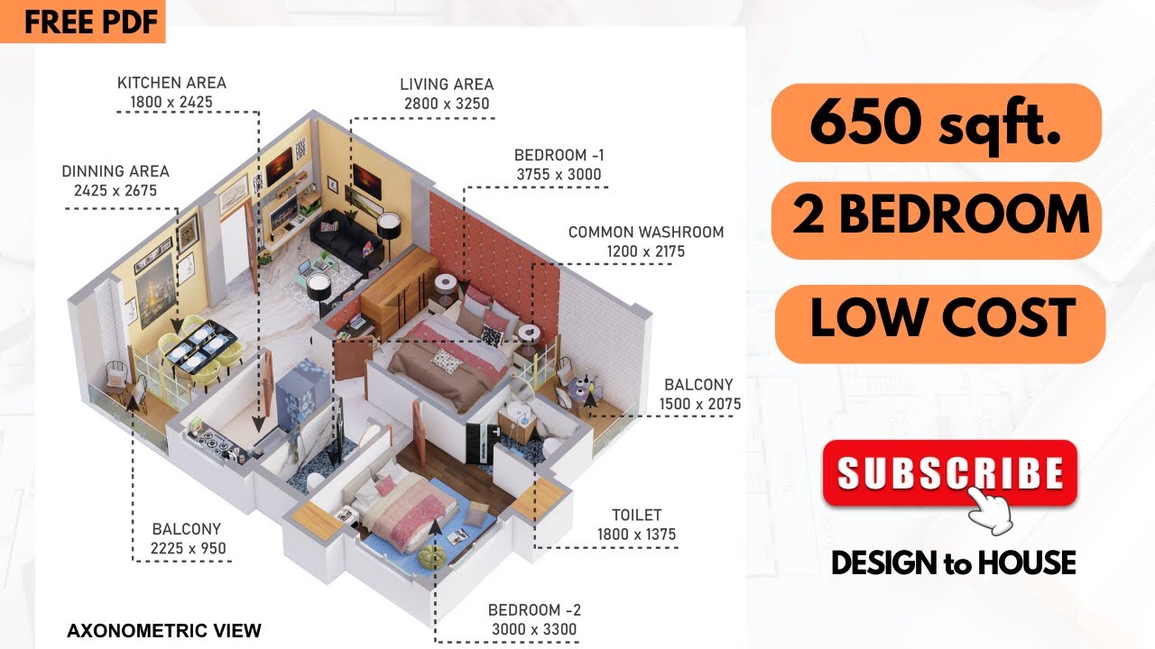 2 Bedroom House Plan in 3D |650 sqft. 2 BHK Budget House Plan | DESIGN ...