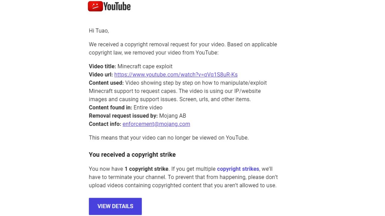 Mojang Copyright striked My Video... - YouTube