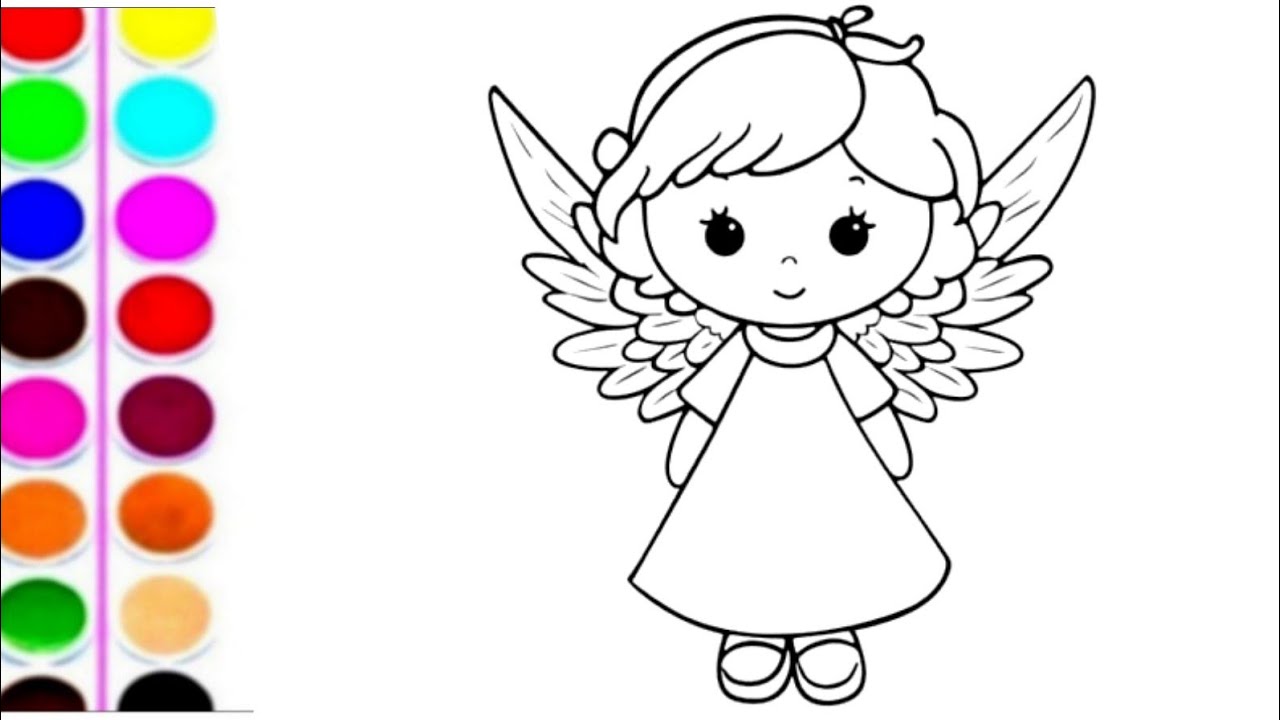 Angel with wings drawing for children||outline sketch with colouring ...
