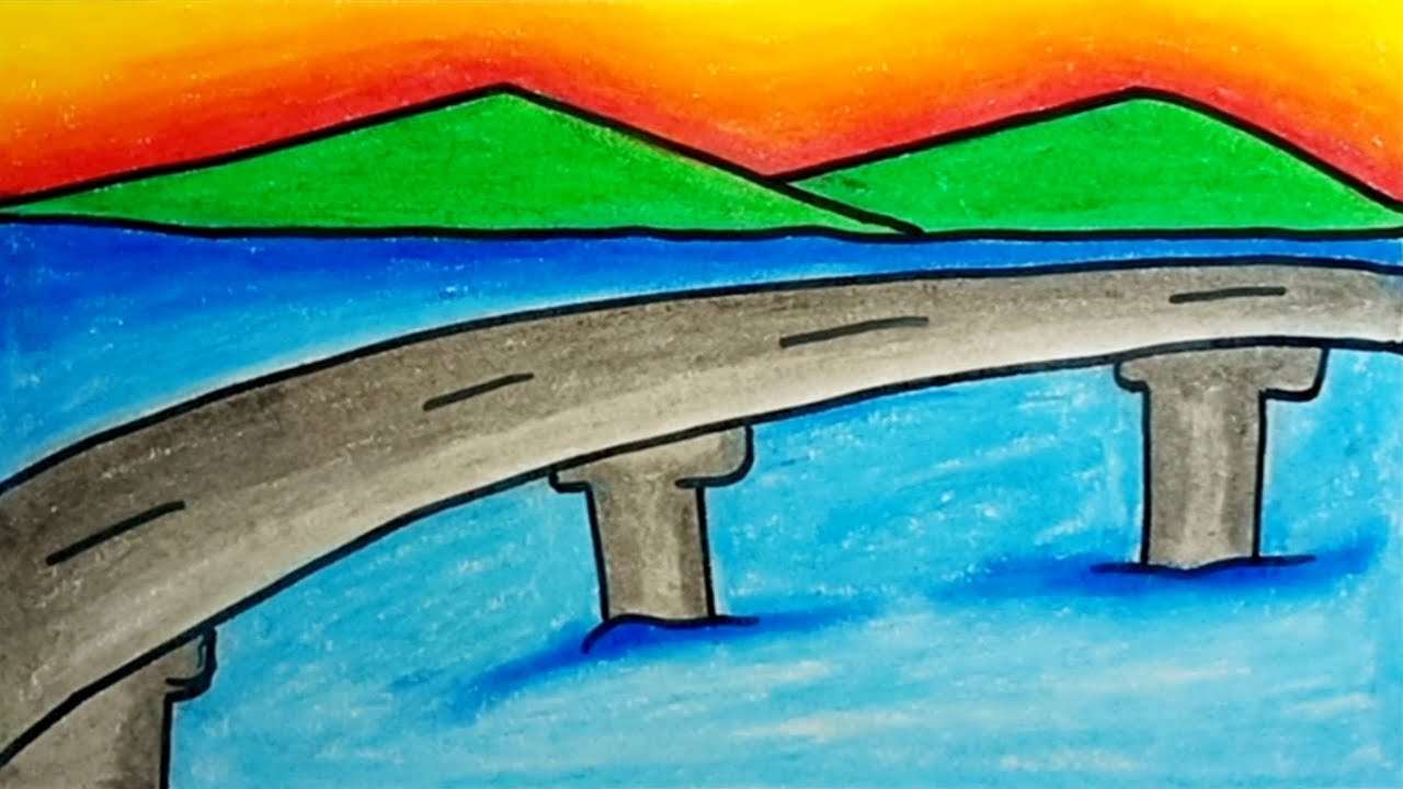 How To Draw Easy Scenery |How To Draw Mountain Scenery And Bridge On ...