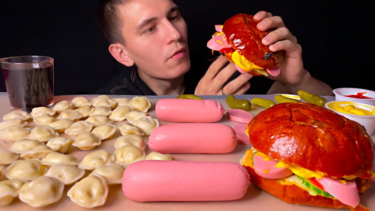 ASMR MUKBANG | Burger, dumplings, pickles, sausages eating - YouTube