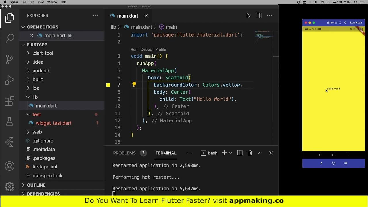 6. Flutter Hello World | Flutter for Beginners #3 - YouTube