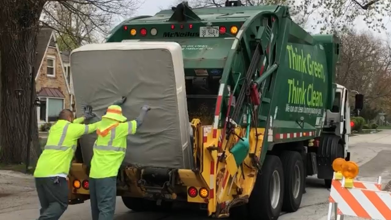 Waste Management Rear Loader Garbage Truck Packing Bulk at Cleanup ...