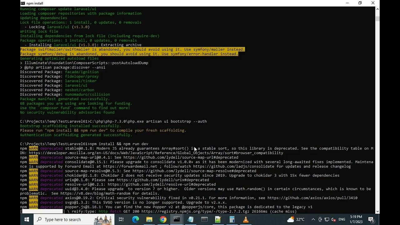 Part 13 of how to create Laravel project:php artisan ui bootstrap --auth, npm install && npm run ...