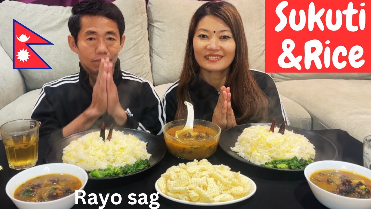 Buff sukuti&rayo sag with rice (Nepali Mukbang) - YouTube