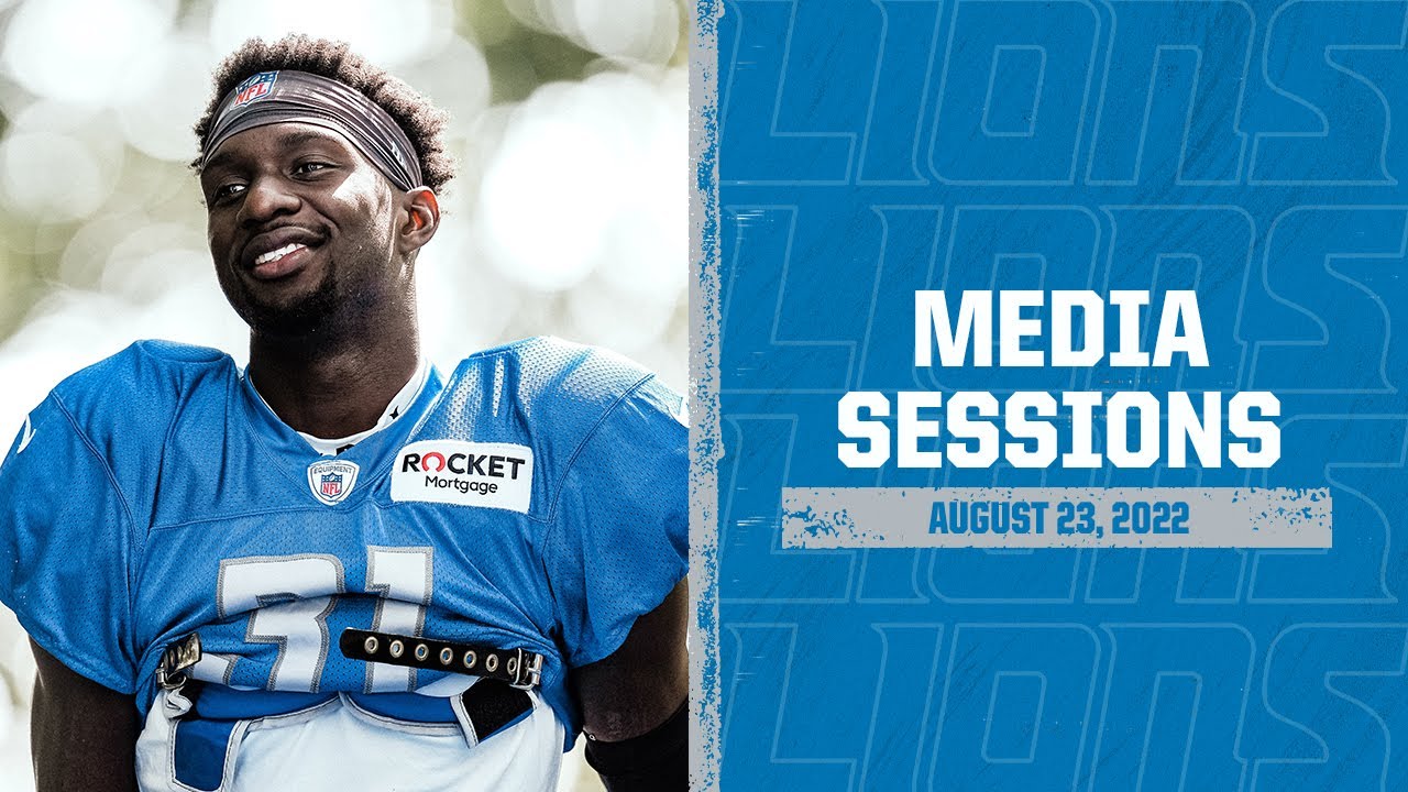 Kerby Joseph and Logan Stenberg meet the media after practice on August ...
