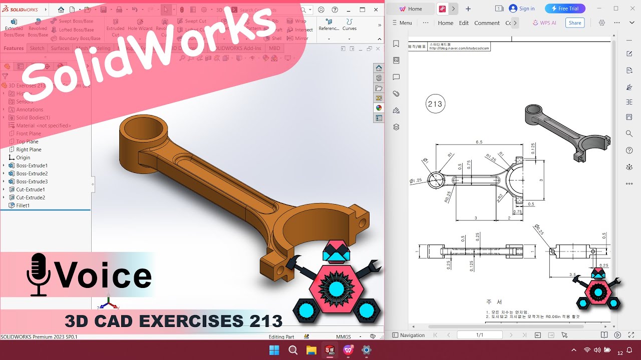 SolidWorks | 3D CAD EXERCISES 213 | StudyCadCam | Solution Tutorial | - YouTube