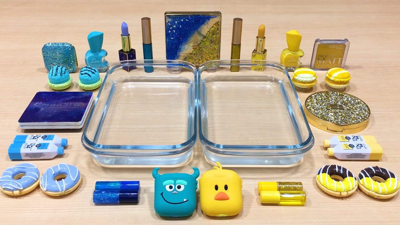 BLUE vs GOLD ! Mixing Makeup Eyeshadow into Clear Slime ! Special ...