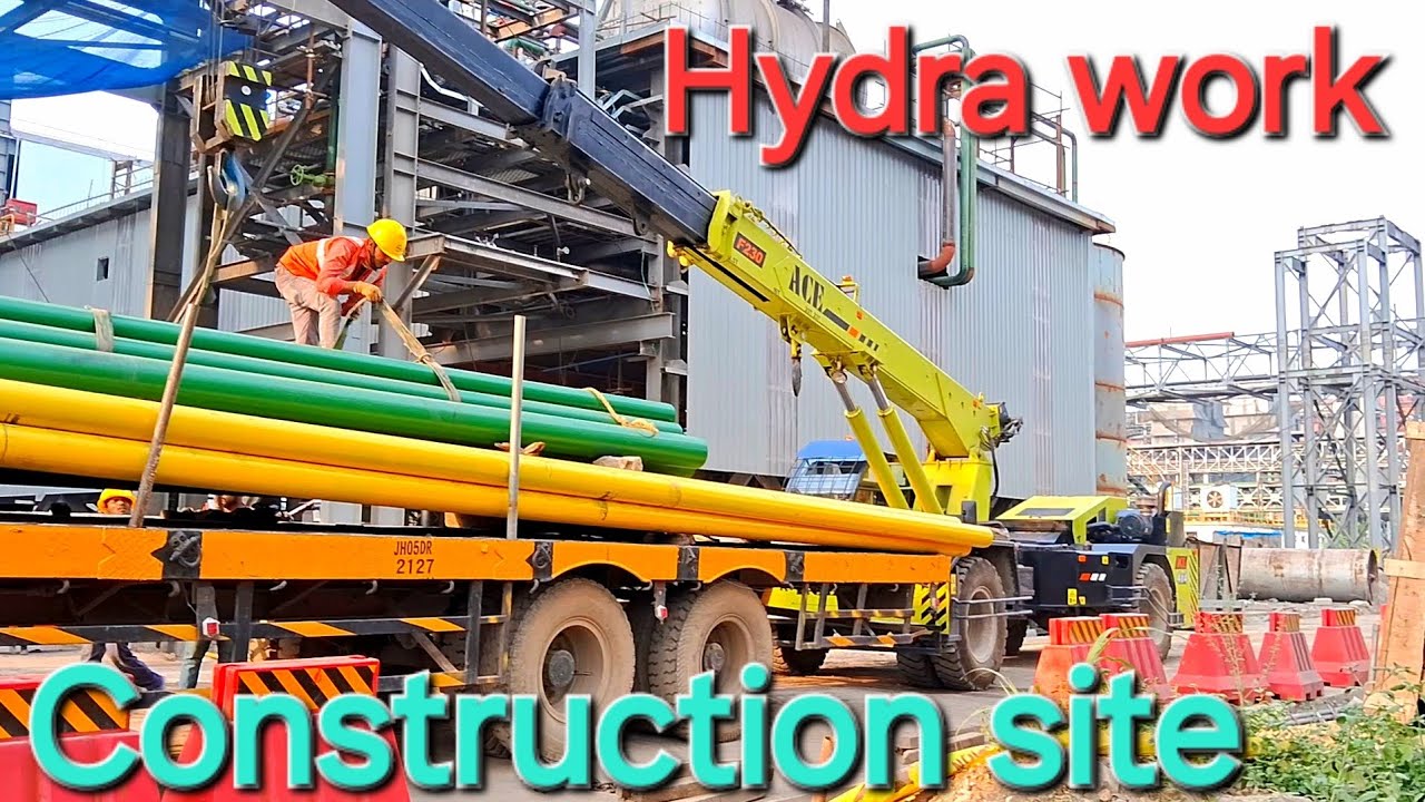 Hydra work in construction site//Hydra iron pipe shifting//water ...