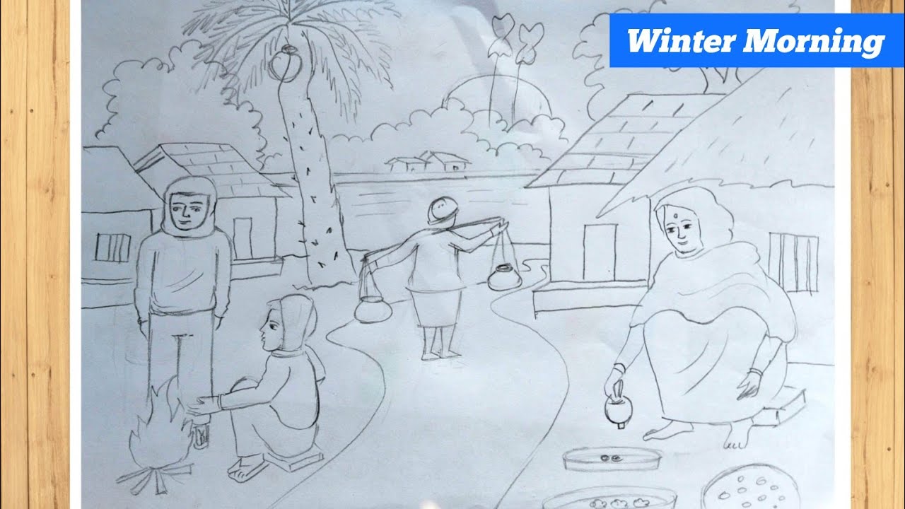 How To Draw Winter Season Scenery || Winter Morning Drawing || Scenery ...