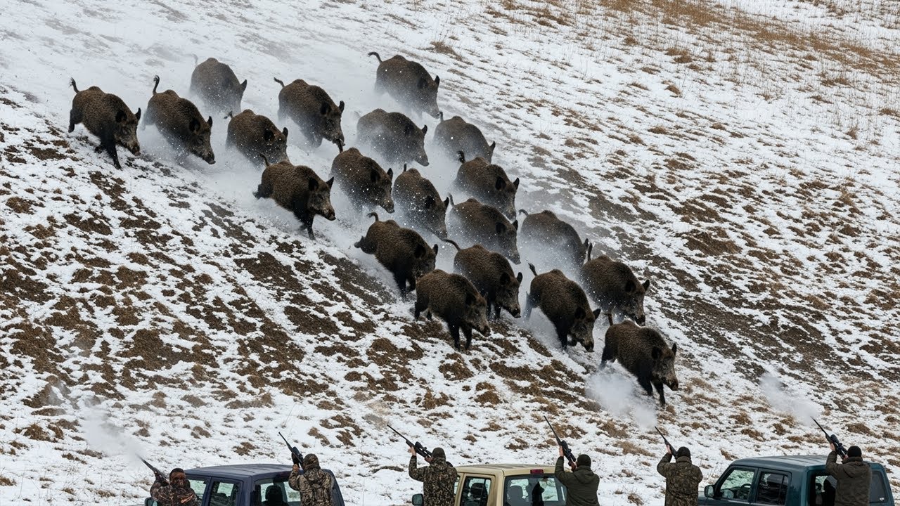Chasing Wild Boar on Hillside ! Best Winter Hunting Trip, Farmers Hunt ...