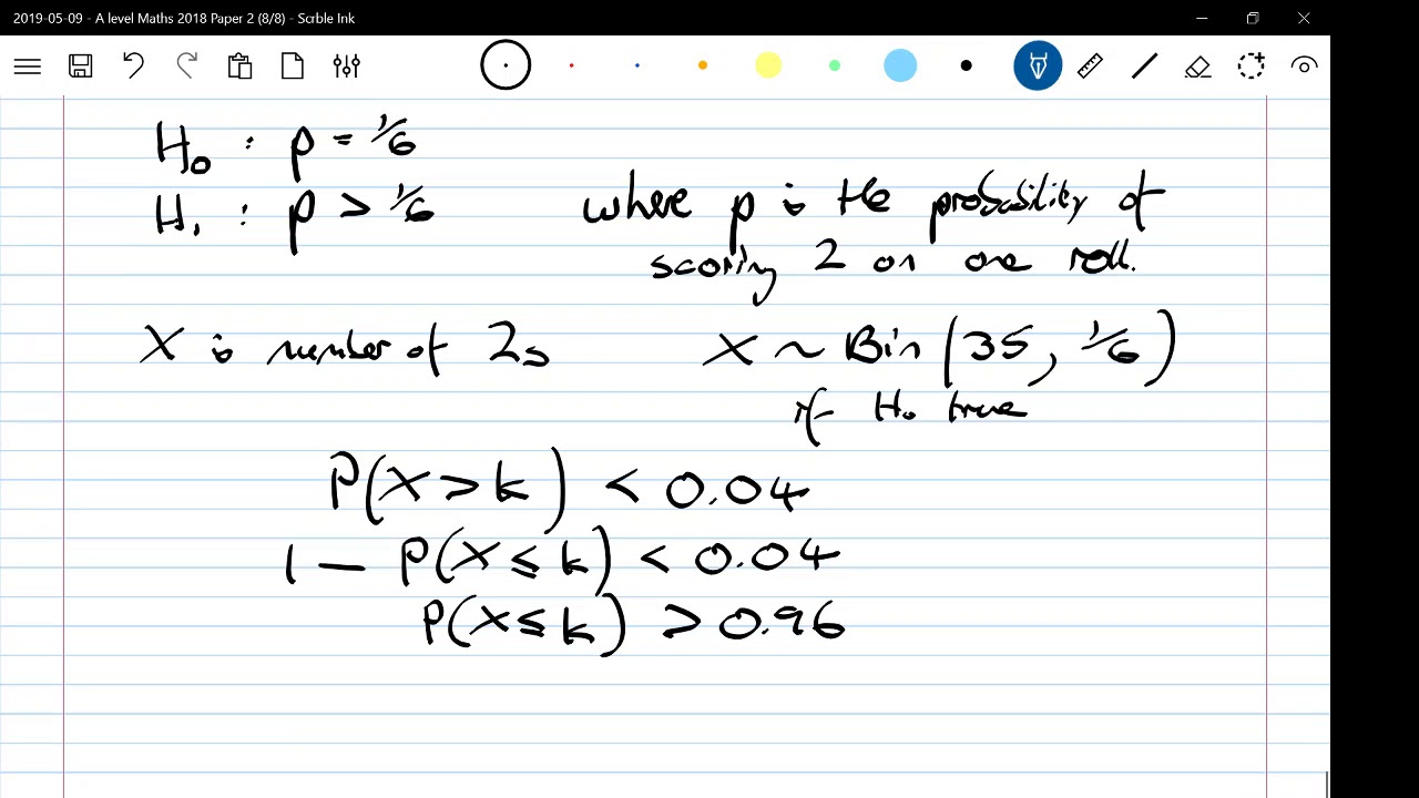 A Level Maths OCR Paper 2 2018 q9 Hypothesis Test - YouTube