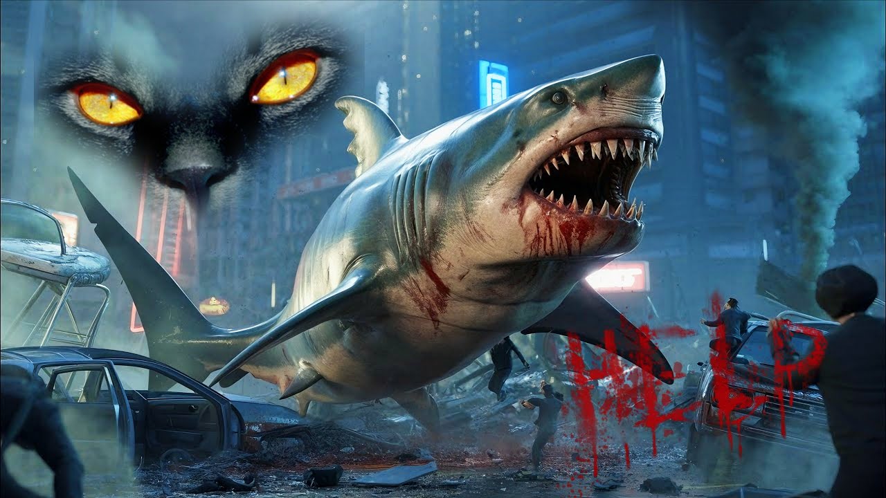 Apocalyptic City Attack: Giant Shark & Supernatural Cat Wreak Havoc in Neon Urban Chaos - YouTube