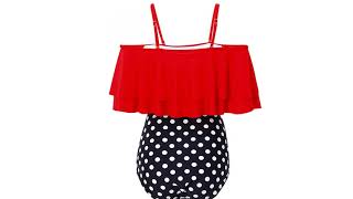 Tempt Me Women Two Piece Off Shoulder Ruffled Flounce Crop Bikini Top With Print Cut Ou...