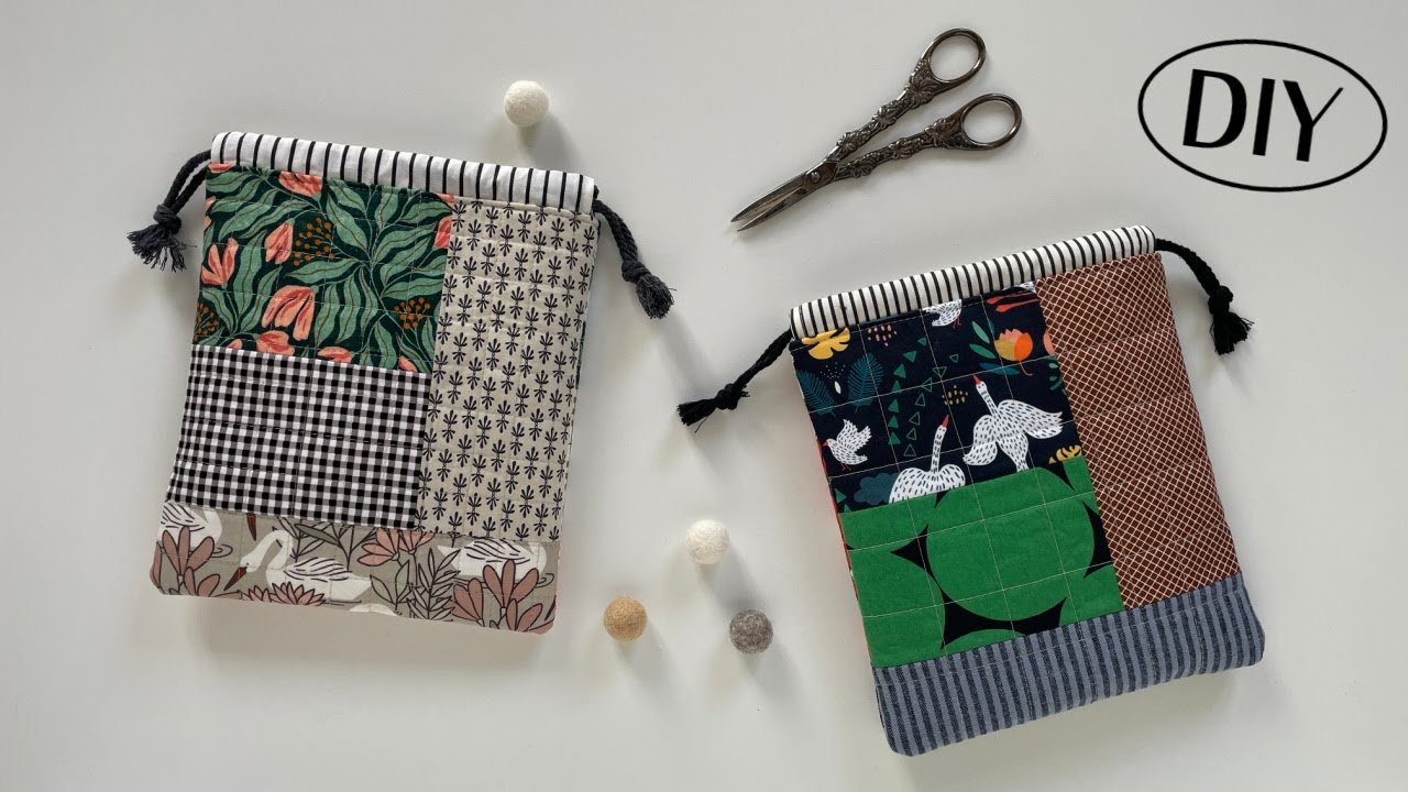 PATCHWORK DRAWSTRING BAG ~ free pattern. Quilted, fully lined bag. # ...