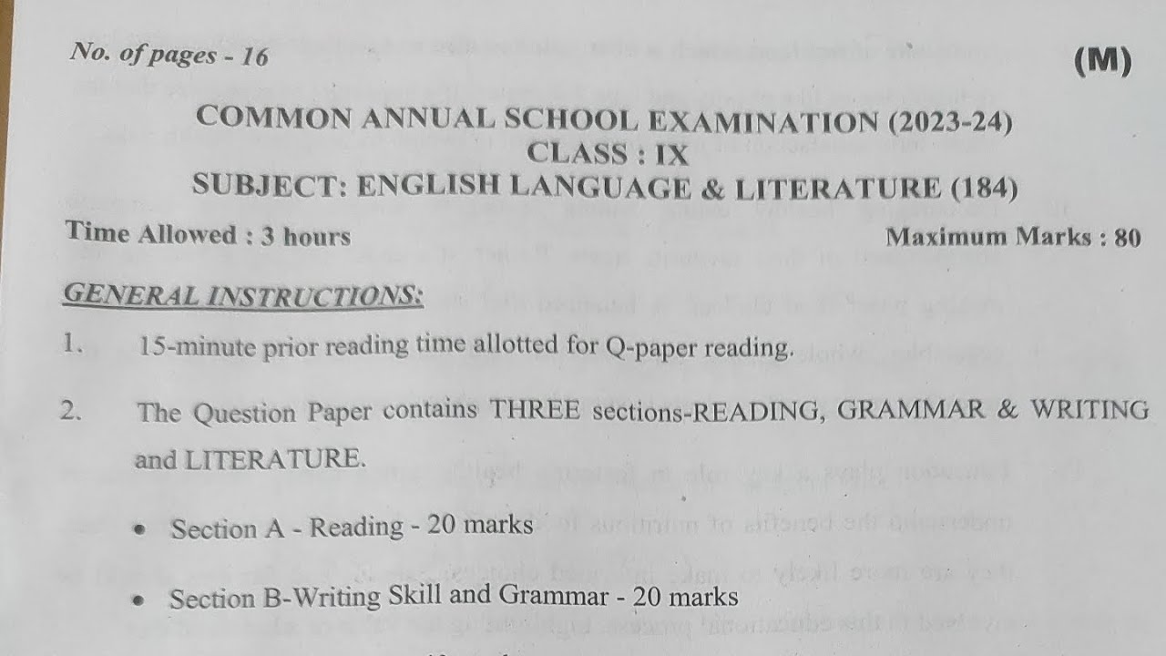 CLASS-9|ENGLISH|QUESTION PAPER |FULL paper VIDEO|2023-24|FINAL TERM ...