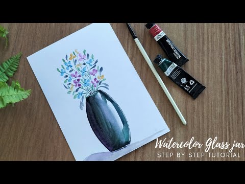 How to paint a simple watercolor glass vase. Easy glass jar painting ...