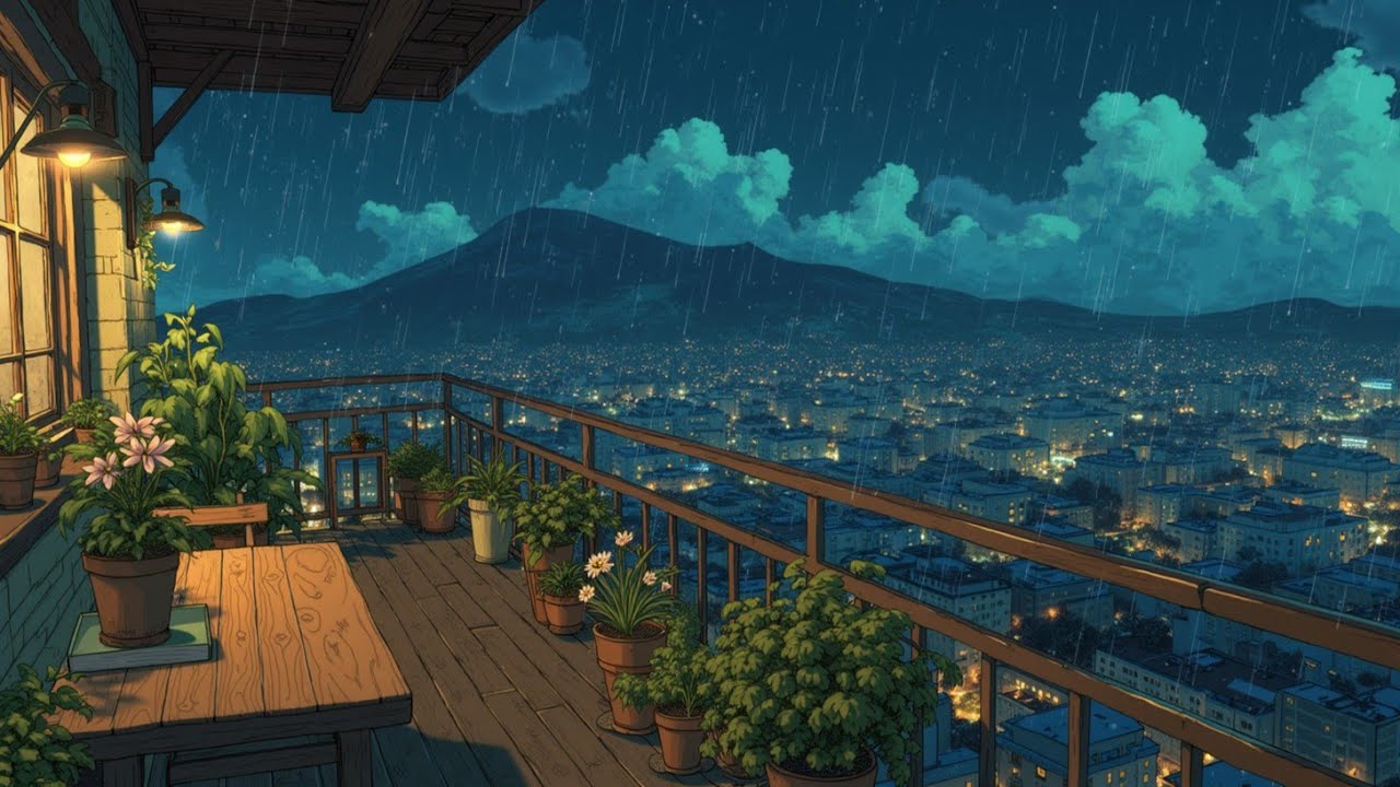 Relaxing City Nights: Gentle Rain Falling from a Balcony Overlooking ...