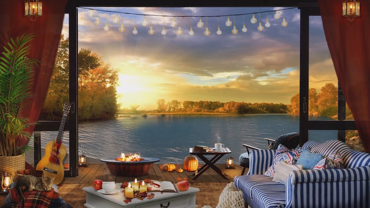 Fall Ambience | Cozy Cabin Porch with Relaxing Campfire | Autumn Lake ...