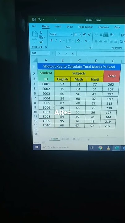 Shortcut key to calculate total mark in Excel Sheets #shots - YouTube
