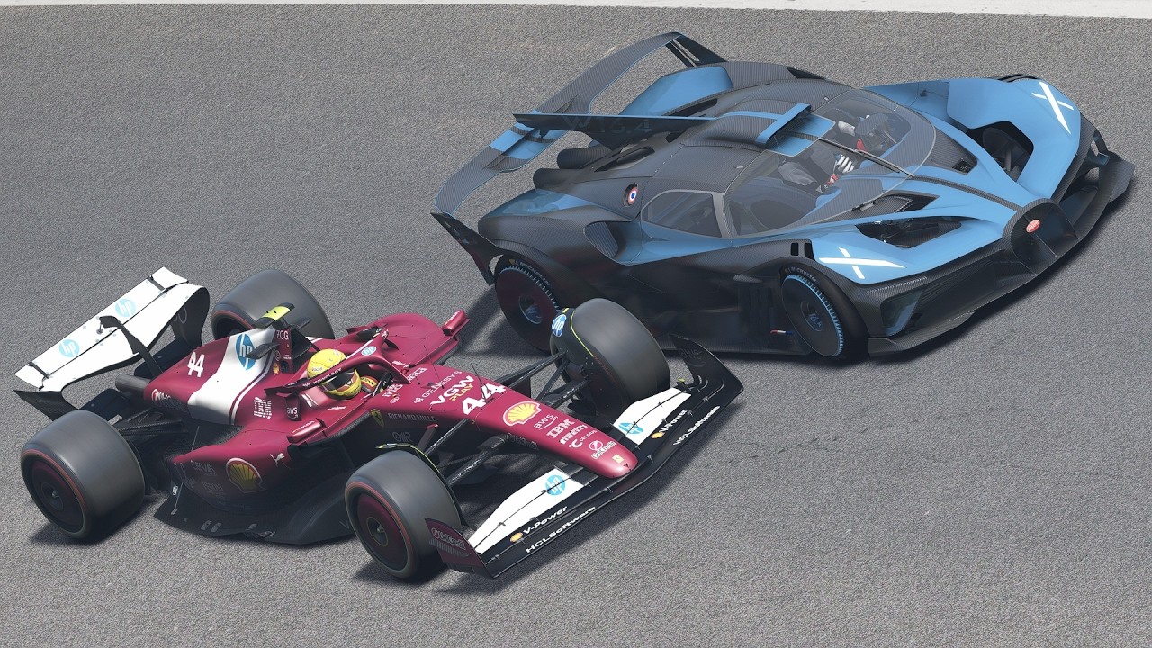 Lewis Hamilton Ferrari F1 2025 vs Bugatti Bolide at Monza - YouTube