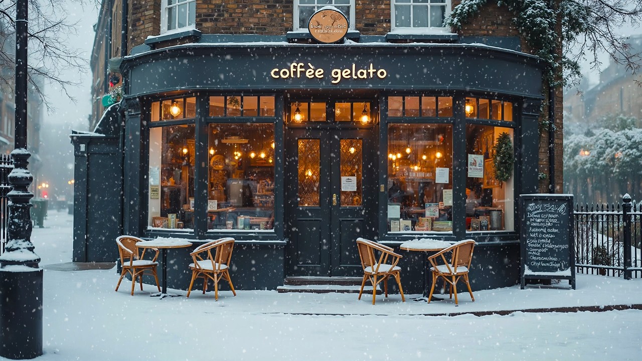 Snowy Corner Coffee Shop ~ Cozy Winter Street Ambience for Relaxing ...