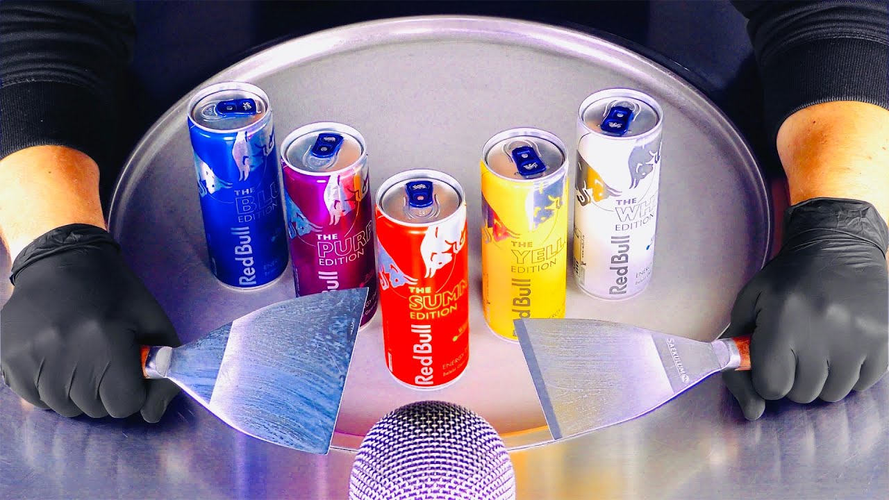 ASMR - Red Bull Ice Cream Rolls | crushing and mixing Energy Drinks to ...