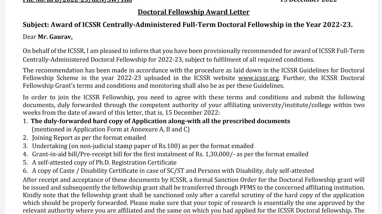 ICSSR Award letter of Doctoral (PhD) Fellowship 2022-23 | Undertaking ...