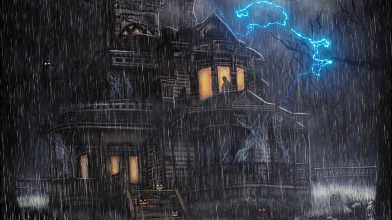 Heavy Rain & Thunder Sounds by Spooky Halloween House at Night. Best ...