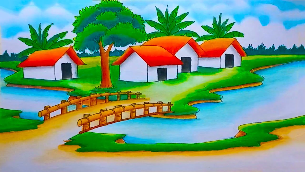 How to draw easy scenery drawing beautiful landscape village ...