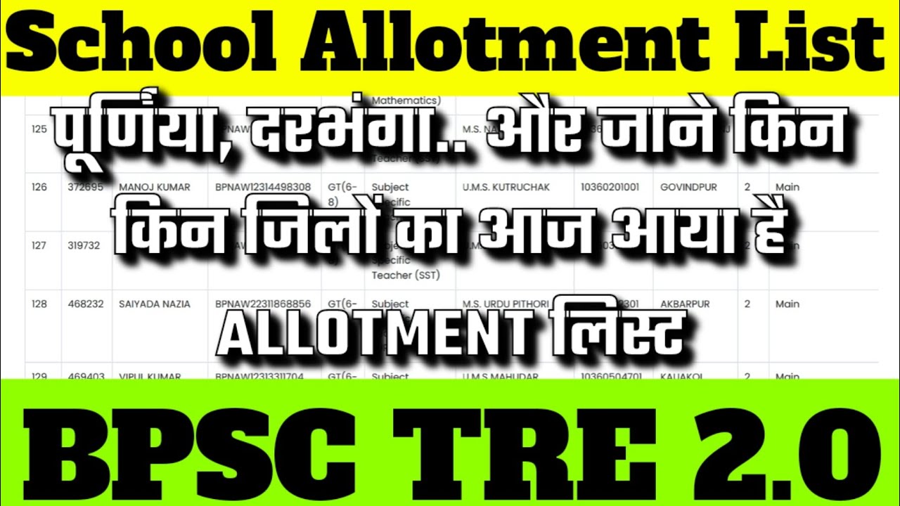 School Allotment List Update || BPSC TRE 2.0 - YouTube